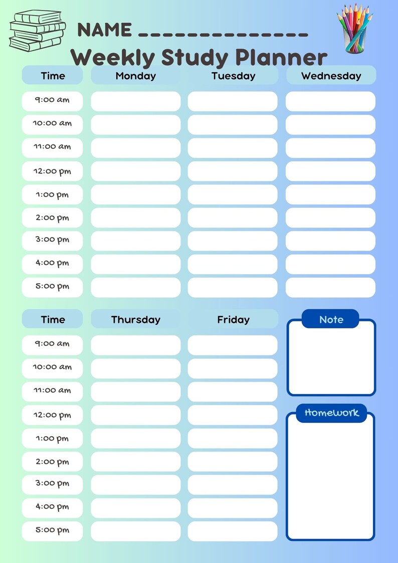 Kids Weekly HOMEWORK PLANNER X 10 Fun Colour Options - Etsy