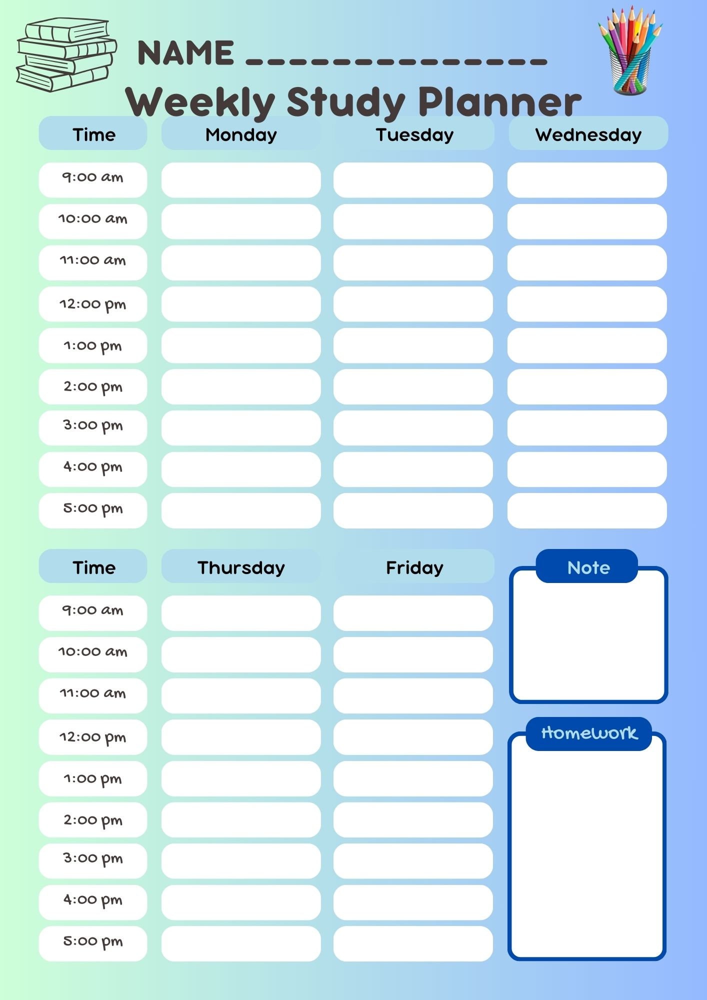 Kids Weekly HOMEWORK PLANNER X 10 Fun Colour Options - Etsy
