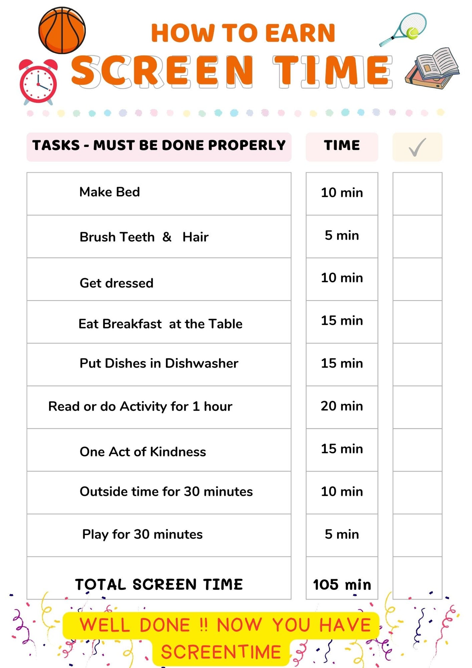 Printable Kids SCREENTIME, CHORE & EXERCISE Chart. Introduce Screen ...