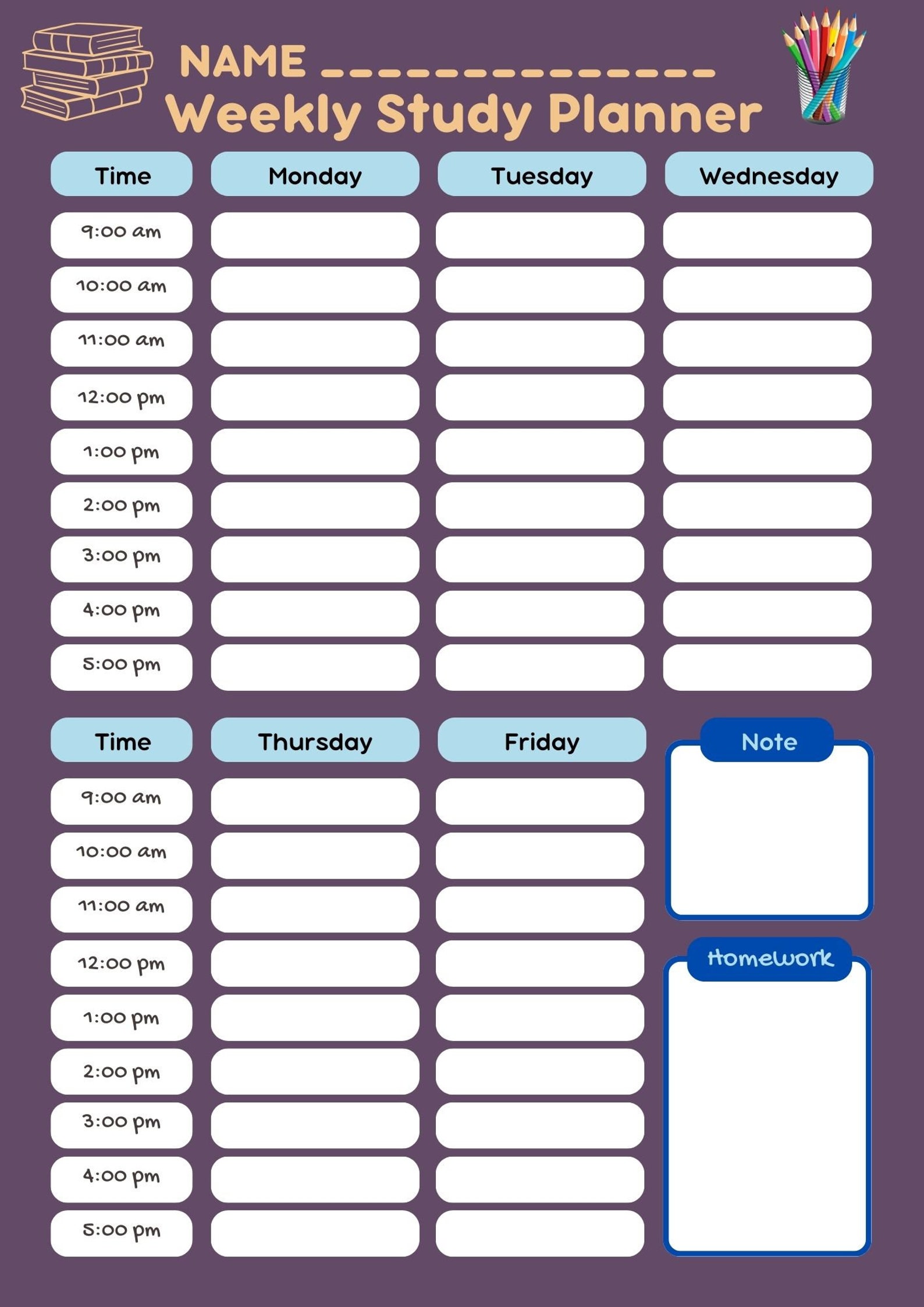 Kids Weekly HOMEWORK PLANNER X 10 Fun Colour Options - Etsy