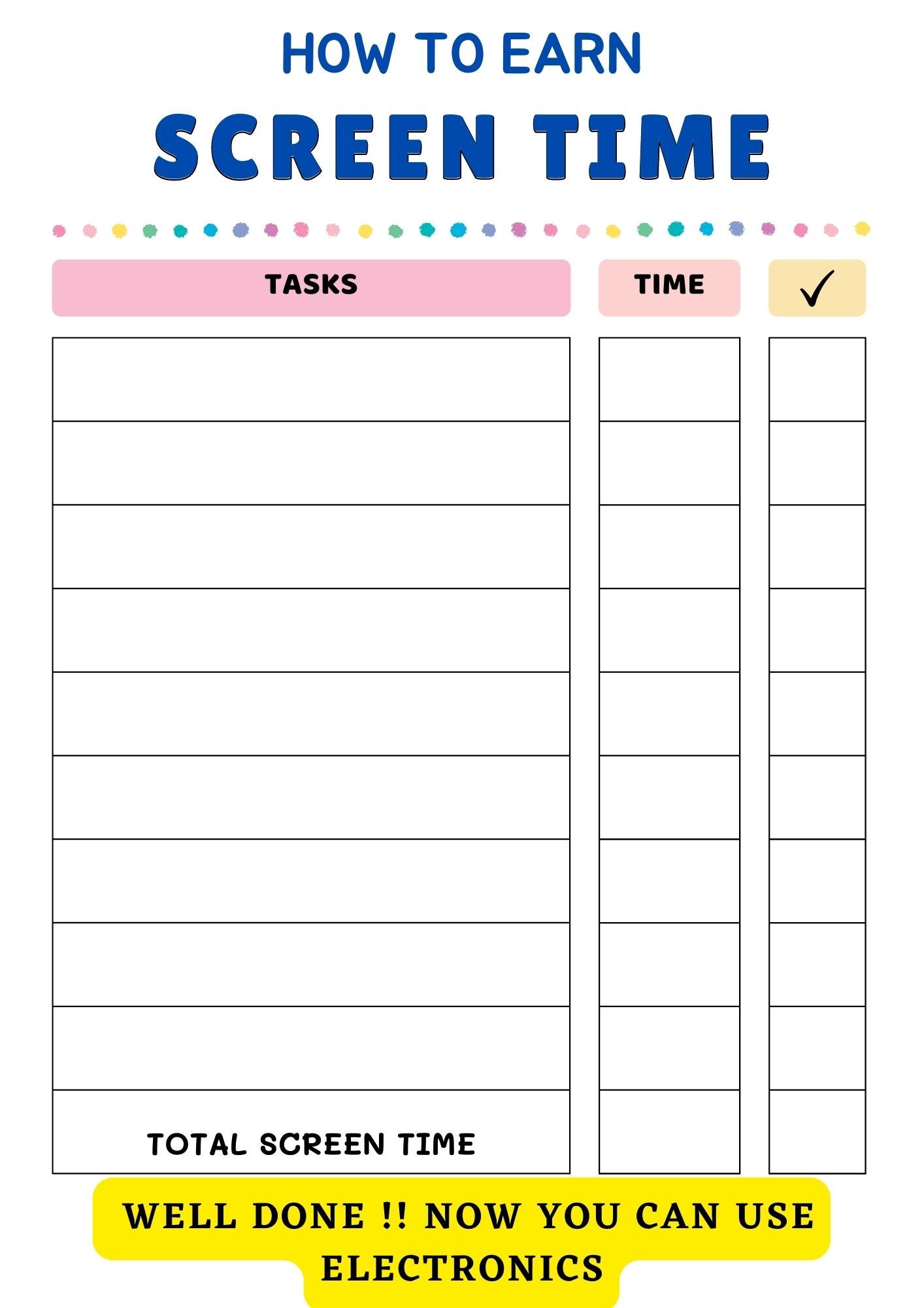 BUMPER Kids Screen Time Chore Chart, Printable Screen Time Charts ...