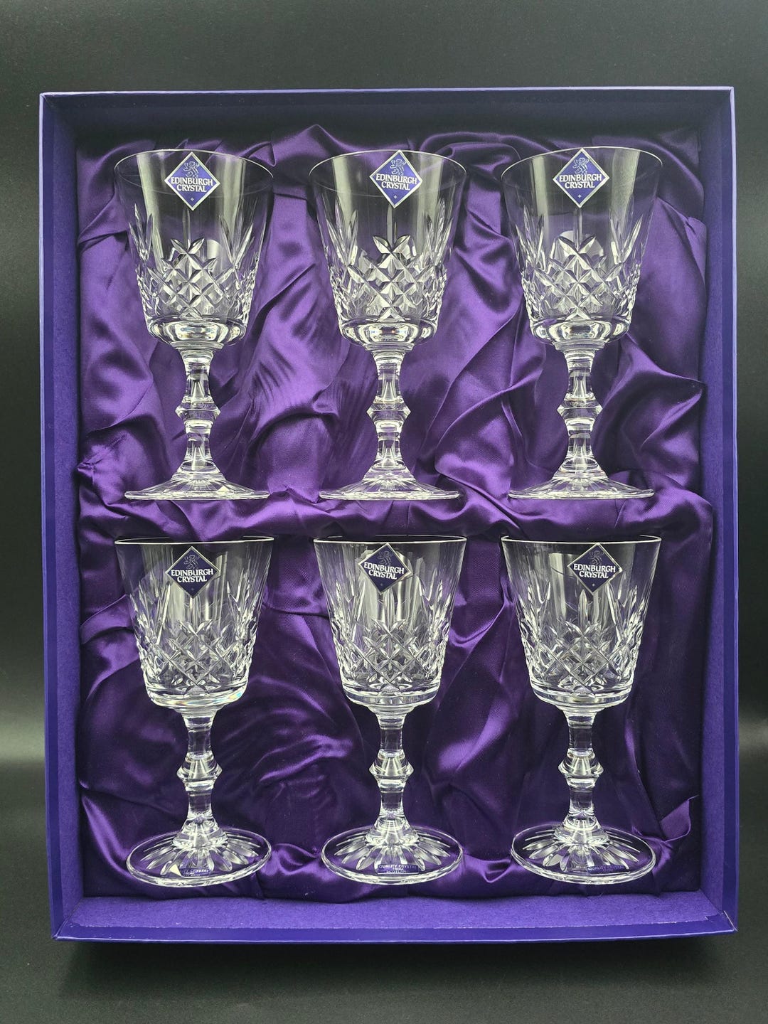 Boxed Set of 6 Edinburgh Crystal Wine Glasses - Lomond Pattern - Made ...