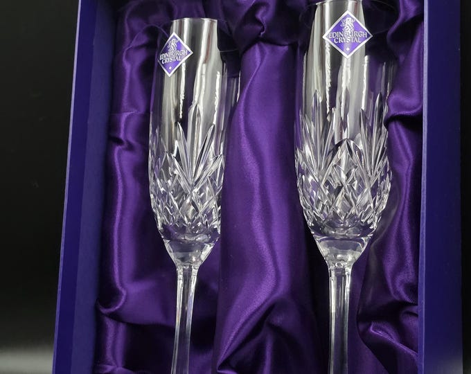 Boxed Edinburgh Crystal Champagne Flutes – Tay Pattern, Star-cut Base ...