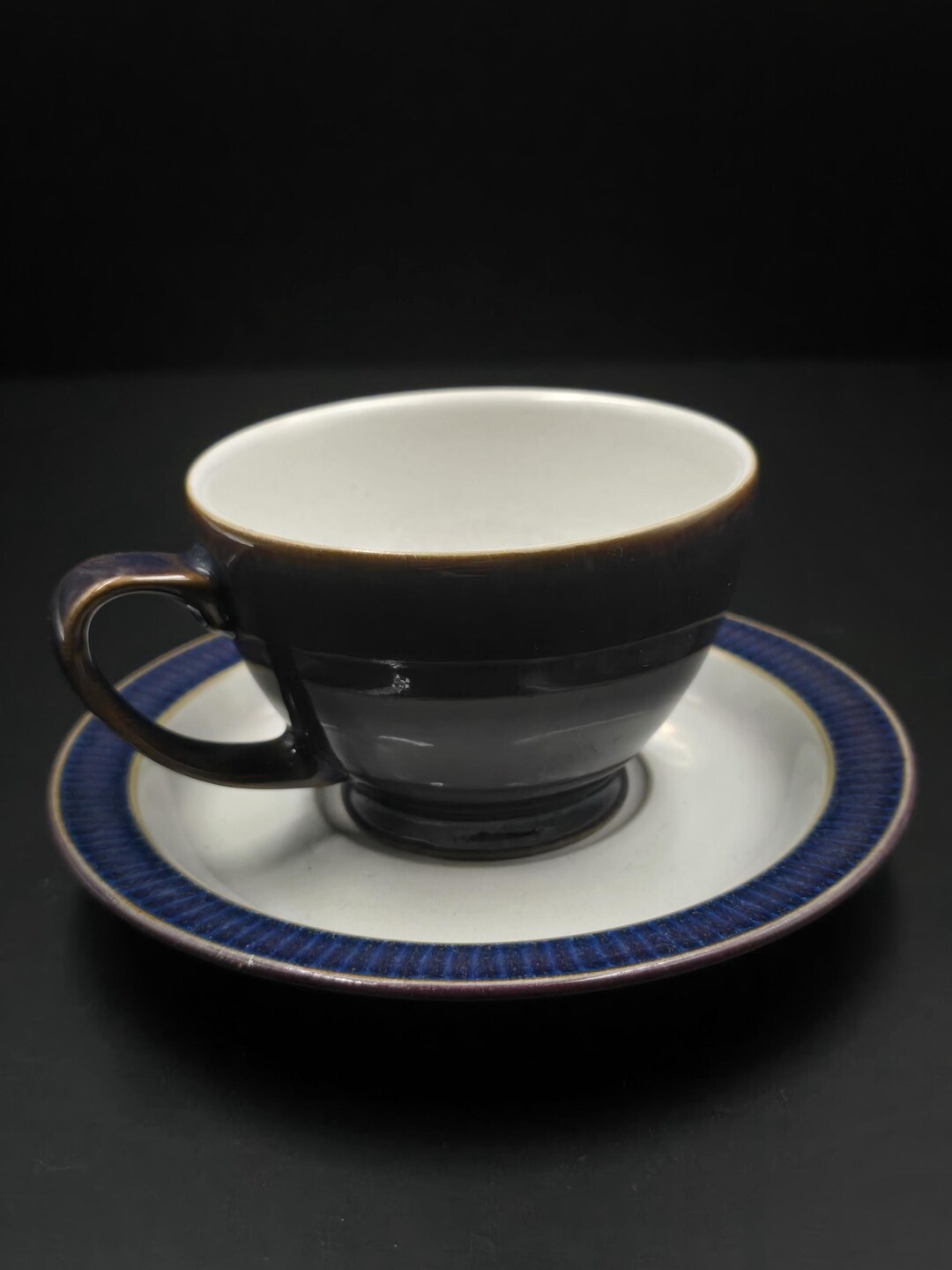 Denby Storm Pattern Teacup & Saucer Blue Brown Glaze English Stoneware ...