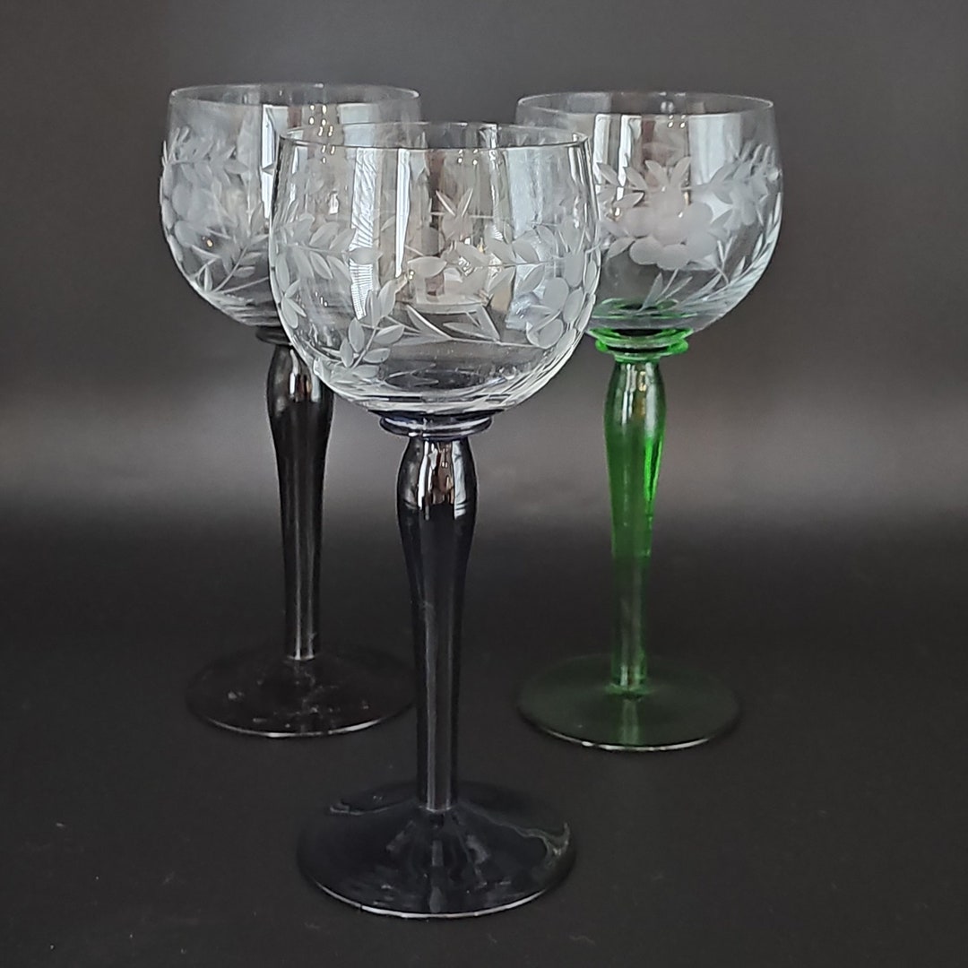 Trio of Coloured, Etched Crystal Hock/wine Glasses. - Etsy