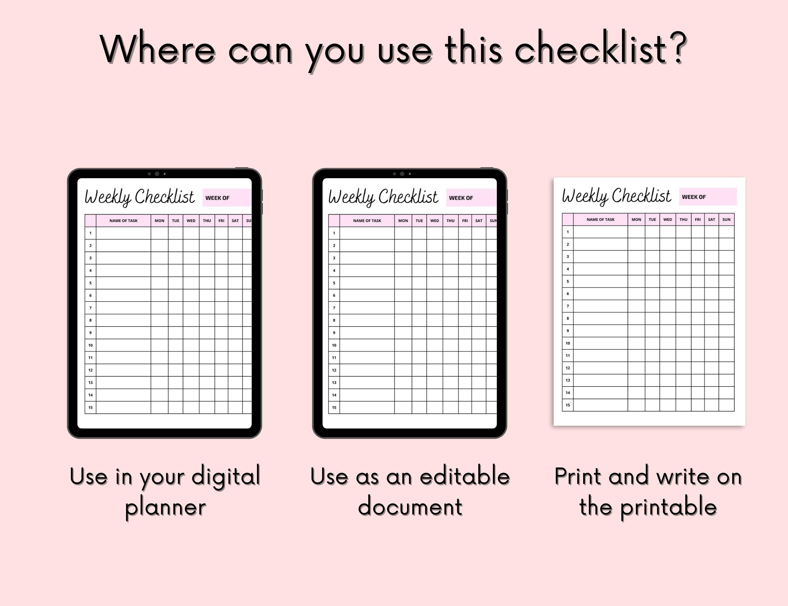 Weekly Checklist Printable, to Do List, Printable, Weekly Checklist ...