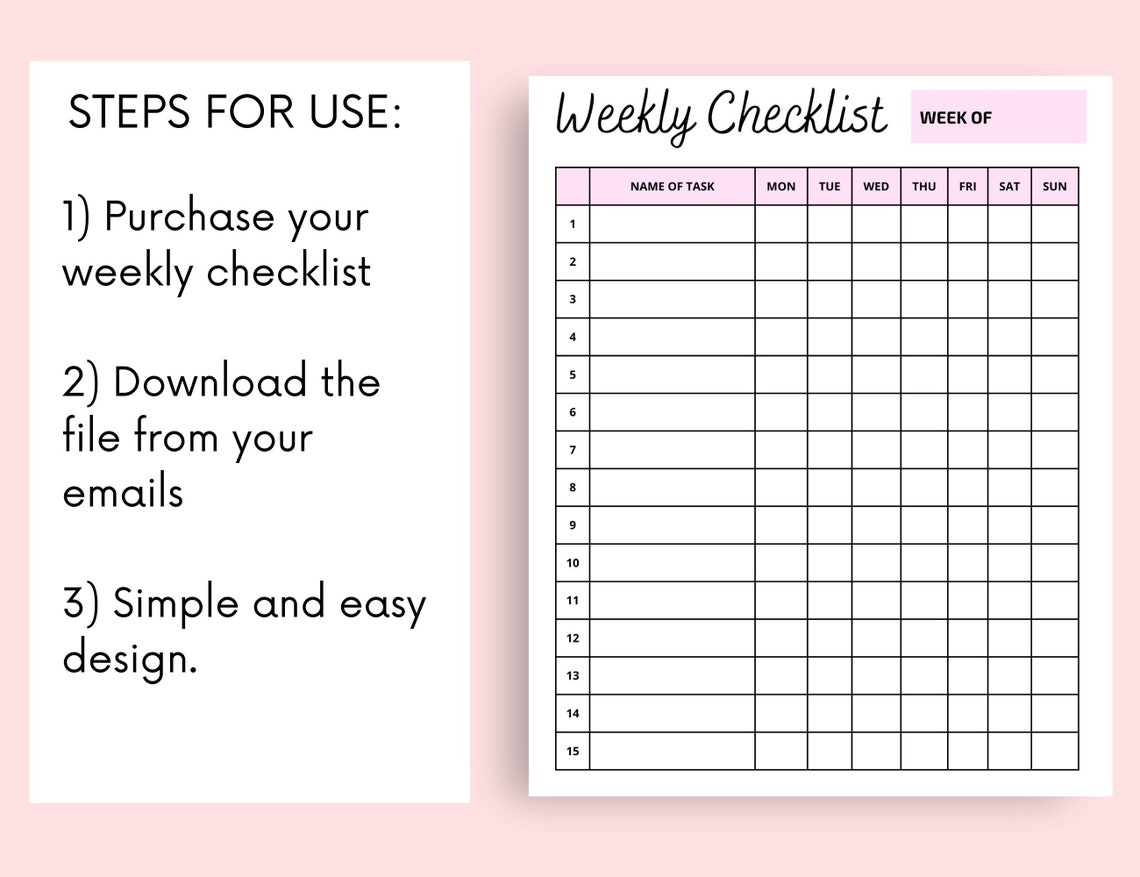 Weekly Checklist Printable, to Do List, Printable, Weekly Checklist ...