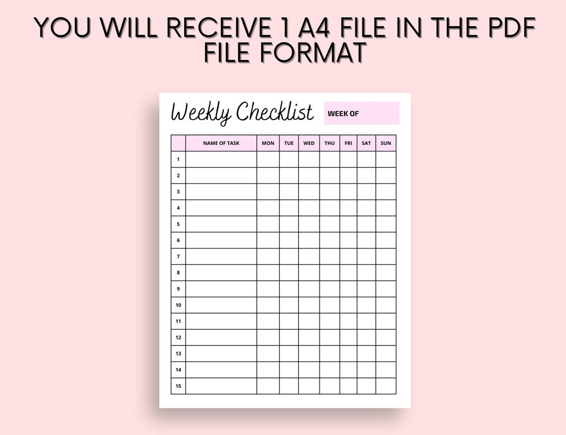 Weekly Checklist Printable, to Do List, Printable, Weekly Checklist ...