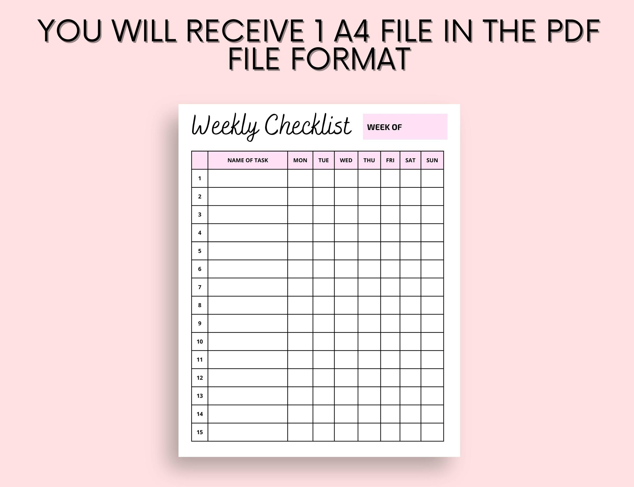 Weekly Checklist Printable, to Do List, Printable, Weekly Checklist ...