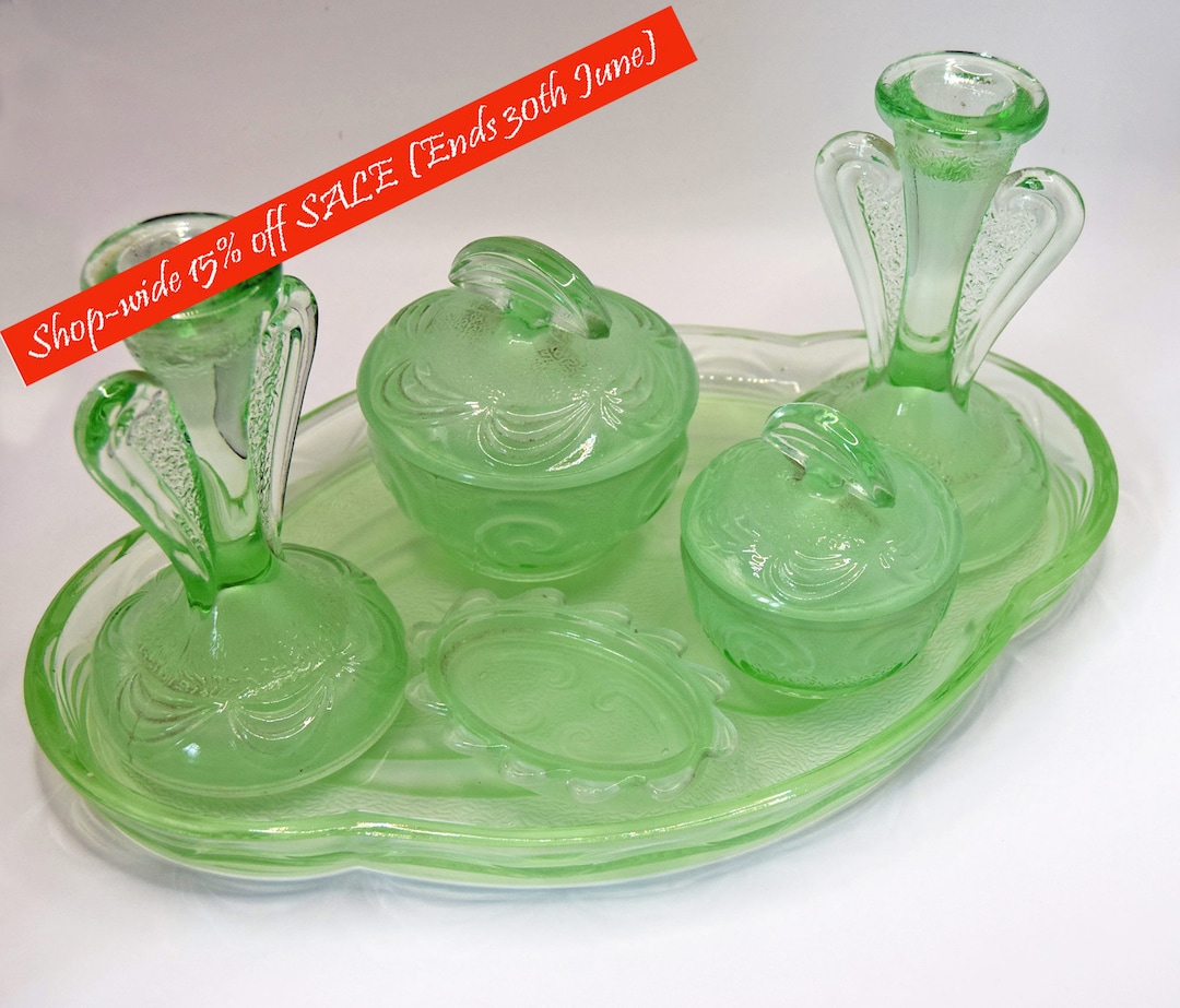 Art Deco Green Glass Bagley & Co. 3078 Rutland Dressing Table Set 1930s ...