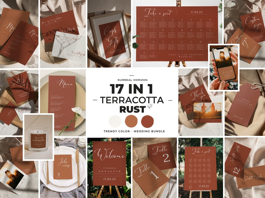 Boho Terracotta Wedding Bundle, Rust Wedding Invitation Suite, Editable ...