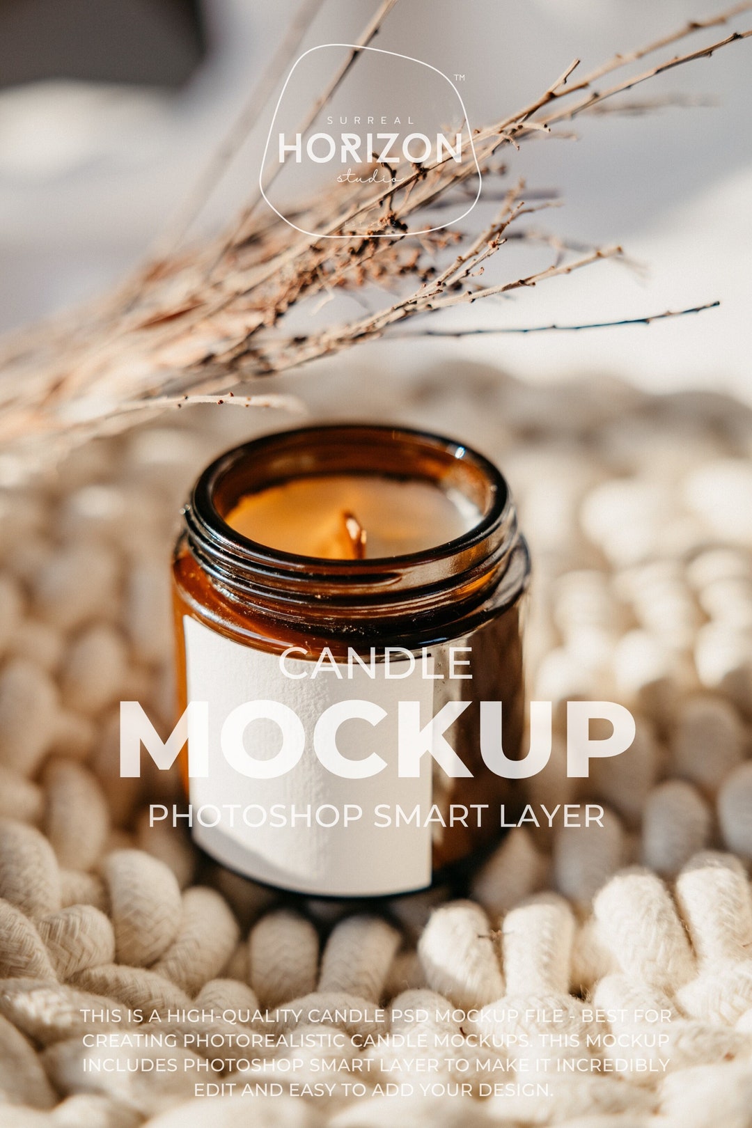 Boho Candle Label Mockup, Square Label Candle Mockup, Amber Candle ...