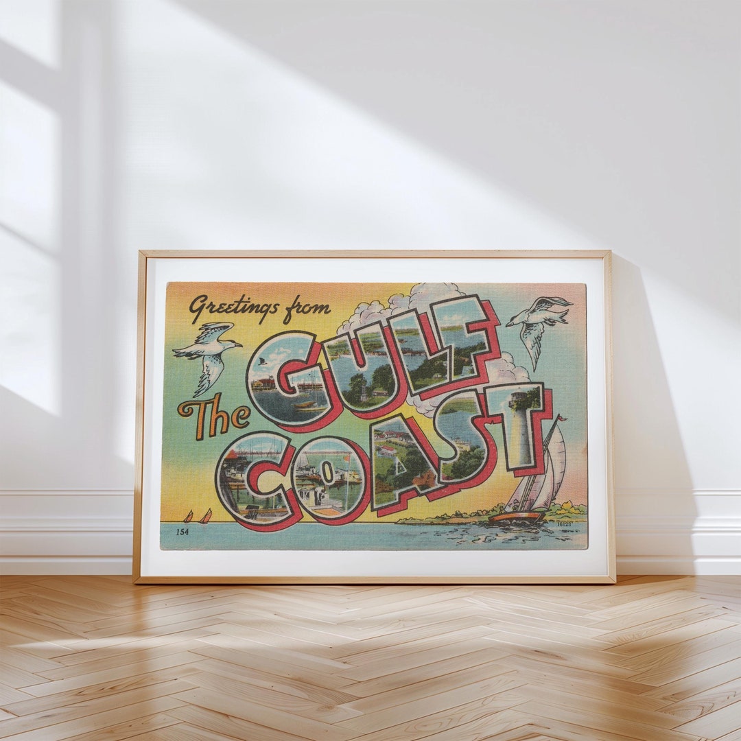 Gulf Coast Print, Greetings From Gulf Coast , Retro Gulf Coast Decor ...