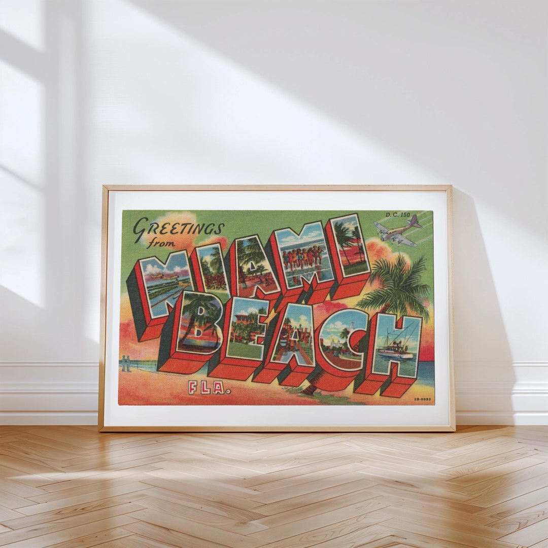 Miami Beach Print, Greetings From Miami Beach, Retro Miami Beach Decor ...