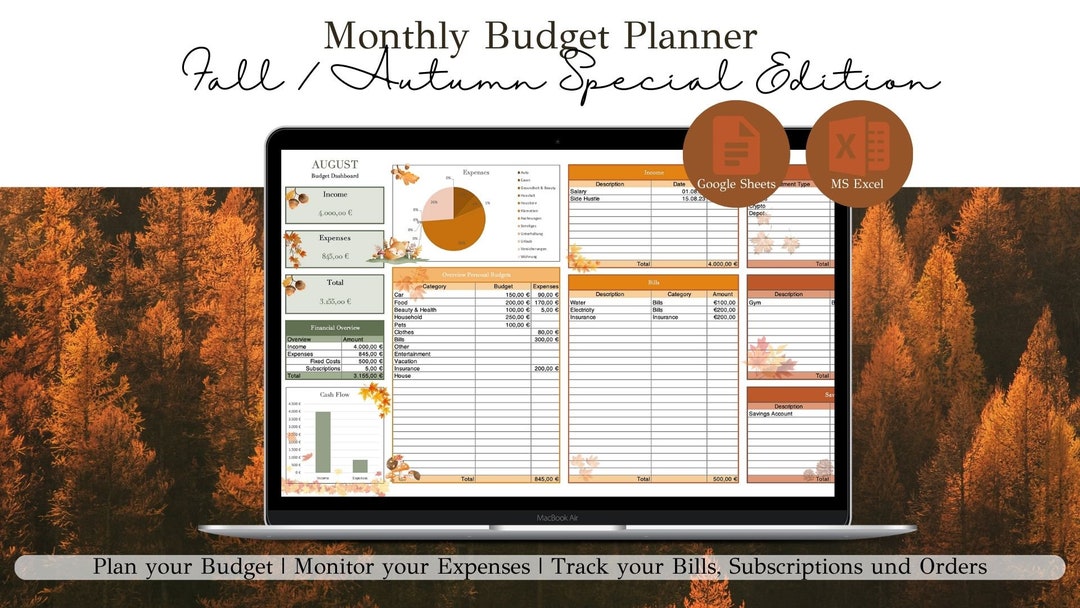 Monthly Budget Spreadsheet fall / Autumn Special Edition - Etsy