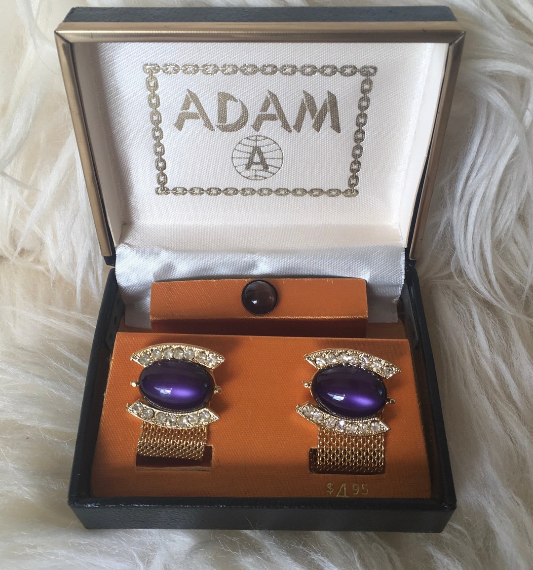 NOS ADAM Deep Purple Moonglow Stone Cuff Links & Tiger Eye Effect Color ...