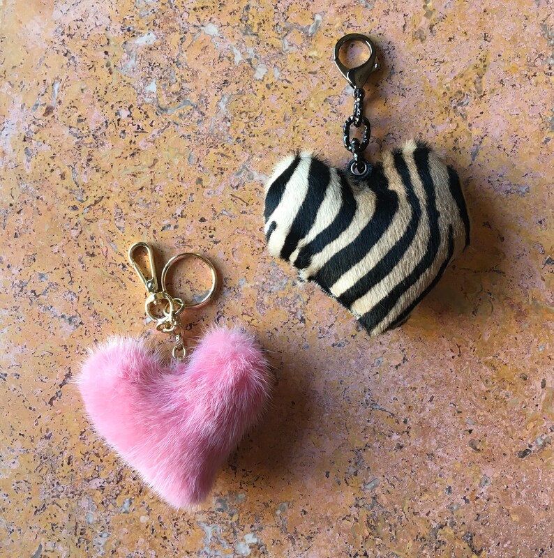 Genuine Mink Fur Leopard Pattern OR Rose Pink Heart Shape Keychain ...