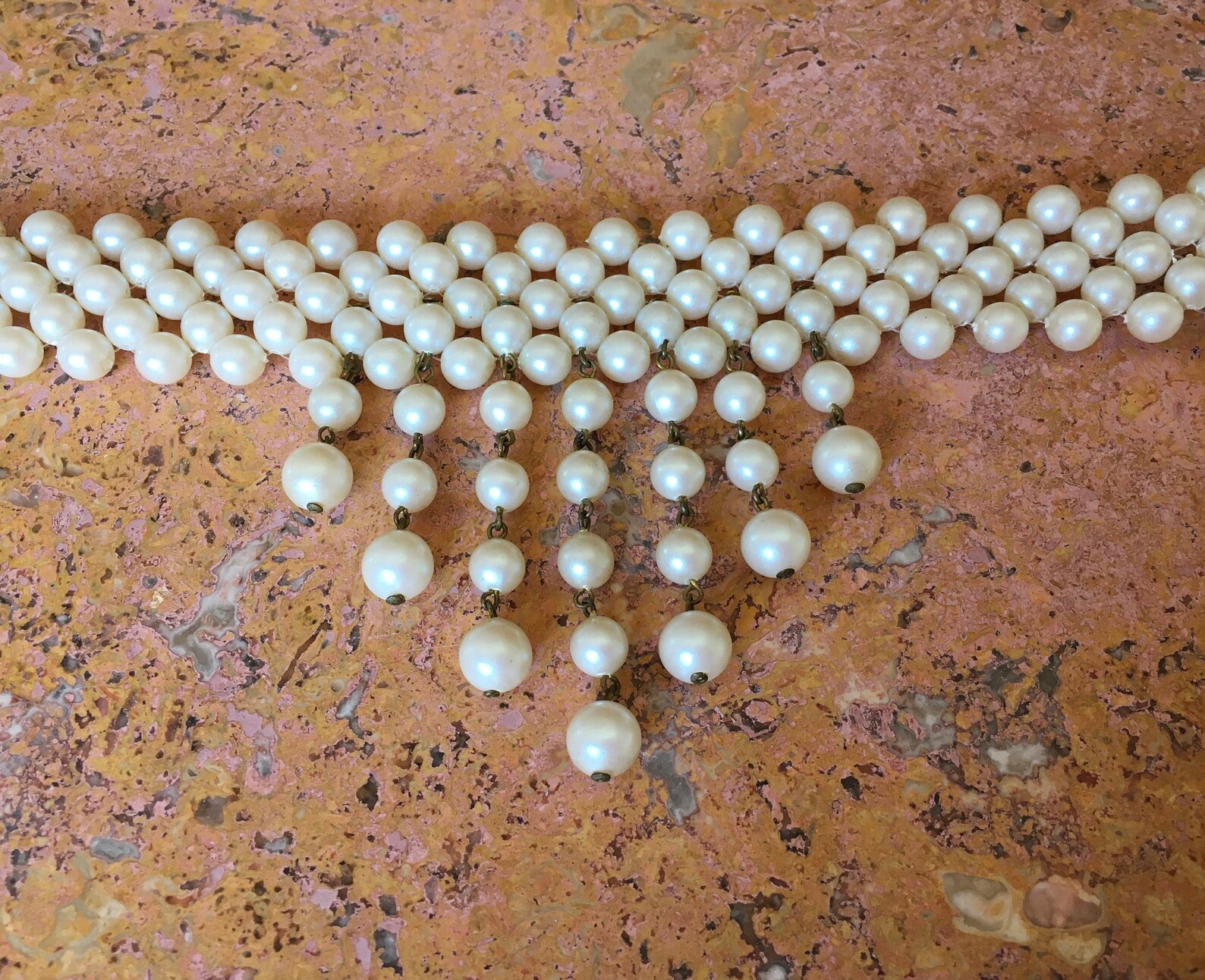 Vintage Iridescent White Faux Pearl Beaded Waterfall Choker Necklace ...