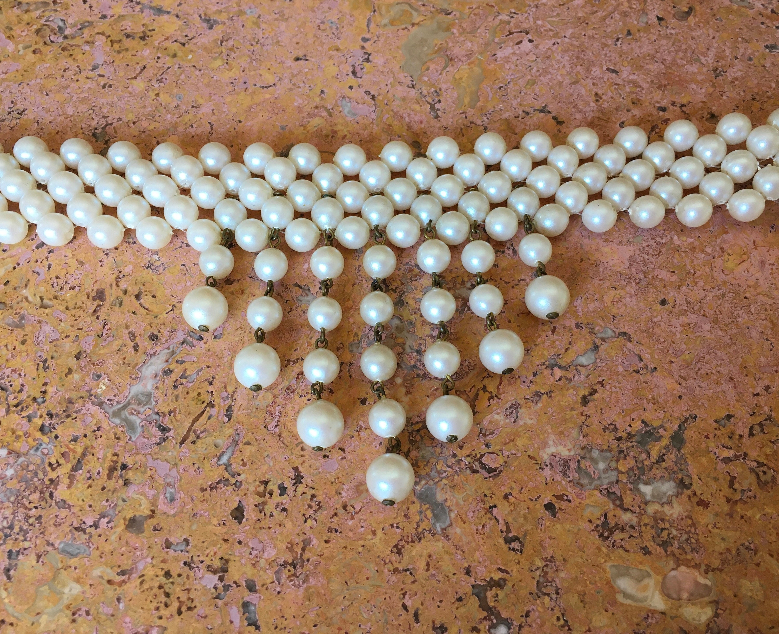 Vintage Iridescent White Faux Pearl Beaded Waterfall Choker Necklace ...