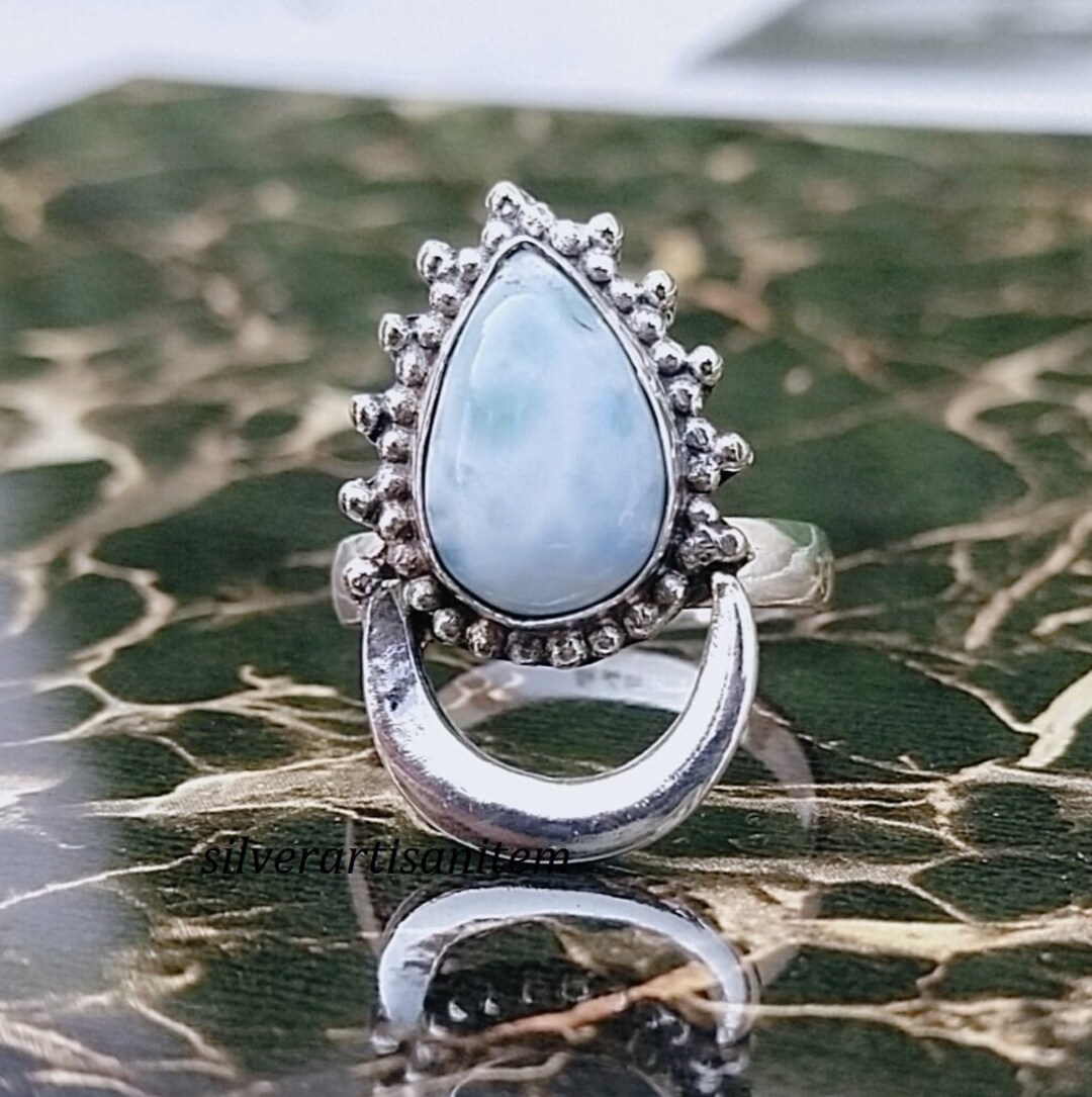 Natural Larimar Ring,moon Shape Ring,larimar Heart Ring,sterling Silver ...