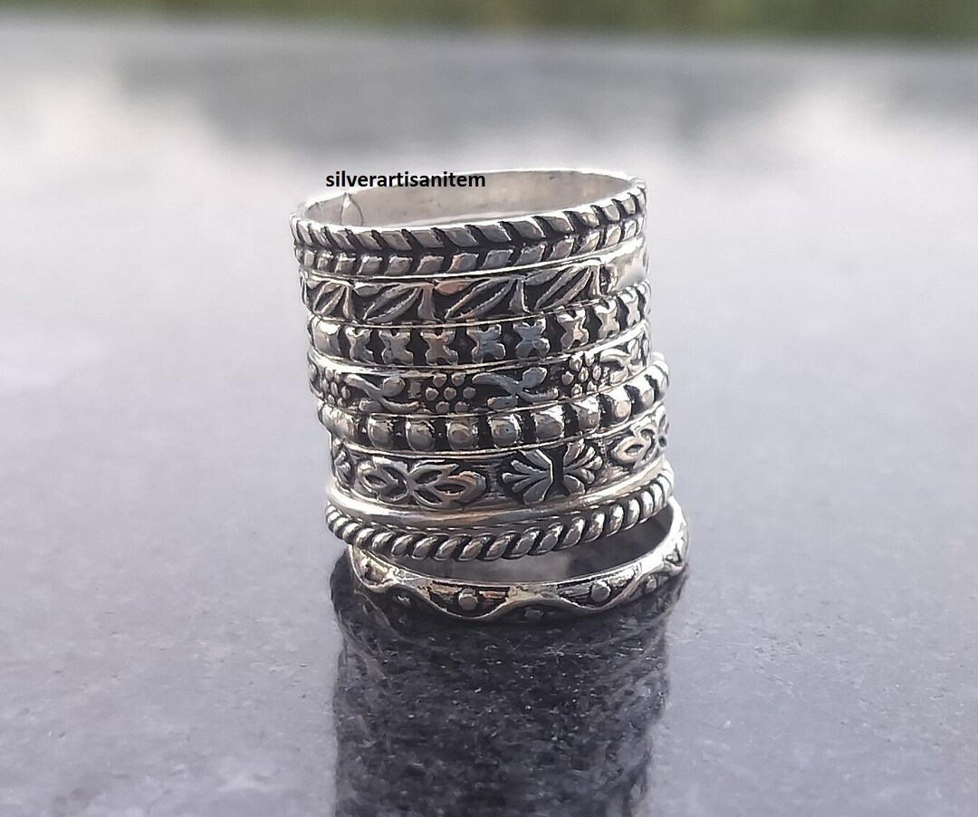 Sterling Silver Stacking Rings Set, Assorted Patterns, Set of 9 - Etsy