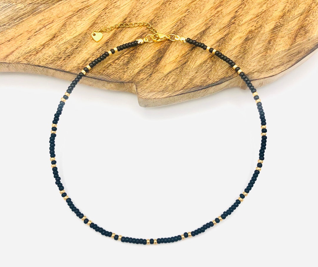 Minimalist Beaded Necklace in Black With Gold or Silver, Stylish and ...