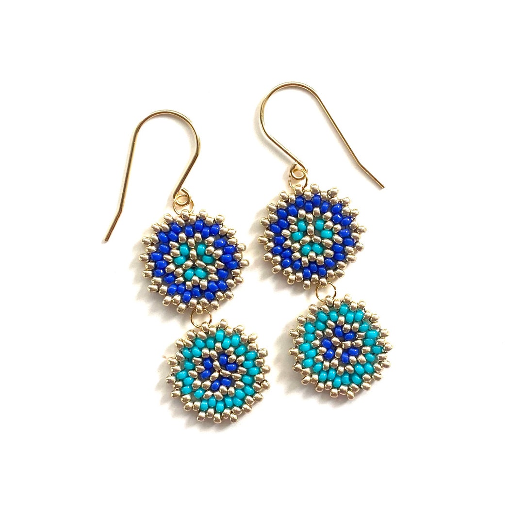 Mandala Earrings, Handwoven Earrings With Two Mandalas, Round Beaded ...