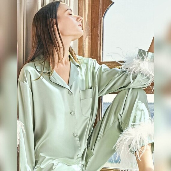 Satin Pajamas With Feathers Fashion Women Pajama With Fur - Etsy