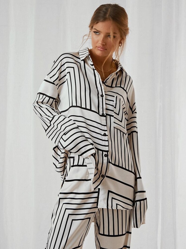 Black and White Print Set Woman 2 Pieces Loose Long Sleeve - Etsy