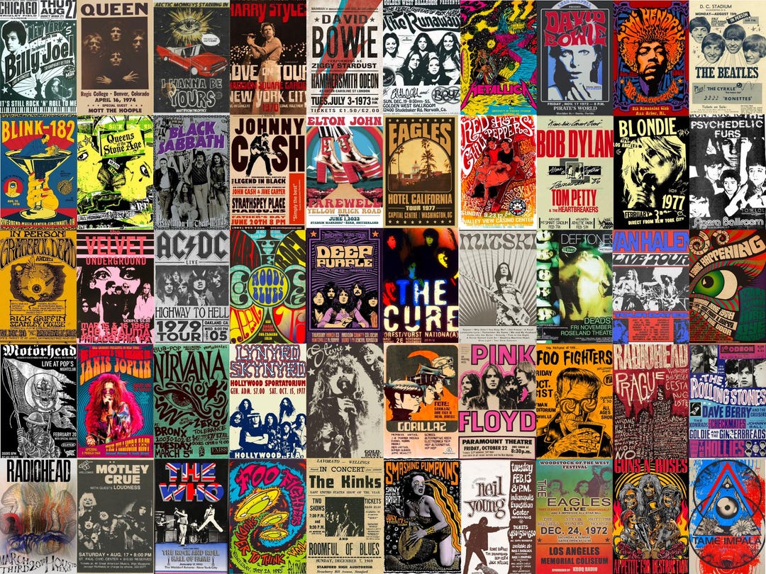 Retro Rock & Roll Concert Posters 55pcs Collage Kit (digital Download ...