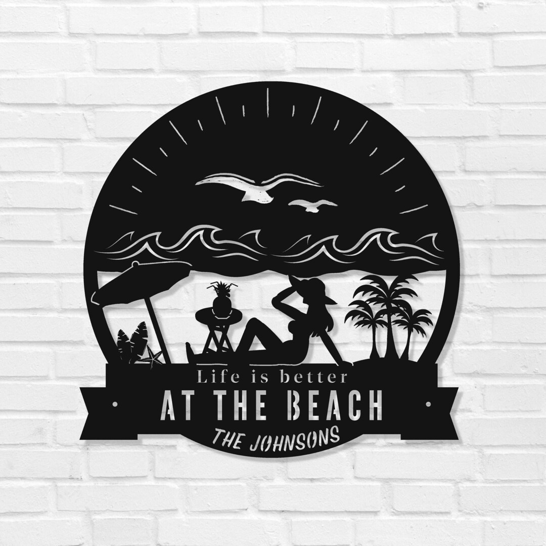 Beach House Sign, Personalized Family Name Sign, Sexy Biki Girl, Metal ...