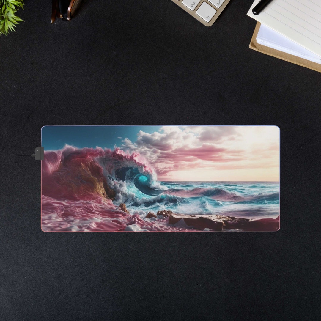 Cute Pink Sea Waves LED RGB Mouse Pad: Pastel Desk Accessories, Large ...