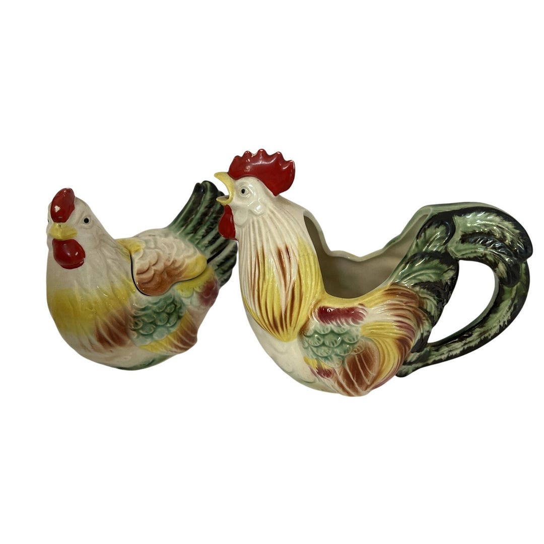 Lefton Rooster Cream Sugar Bowl Set 2pc Midcentury Creamer Farmhouse ...