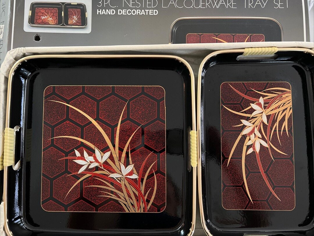 Vintage Japan Lacquer Ware Trays Nesting Floral Serving Tray Gold Edge ...