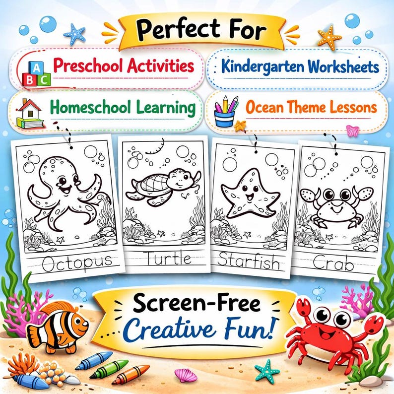 Sea Animals Coloring Book for Kids – A5 Printable Ocean Animal PDF (11 ...