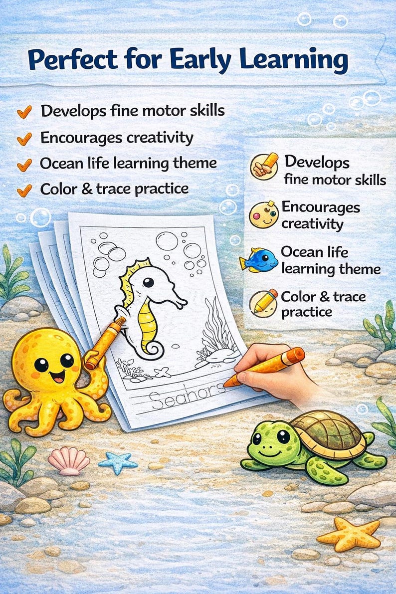 Sea Animals Coloring Book for Kids – A5 Printable Ocean Animal PDF (11 ...