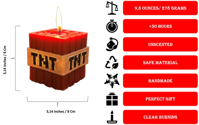 Minecraft Inspired TNT Candle 3,14 Inches Cubic Scentless Decorative Candles for Minecraft Video ...