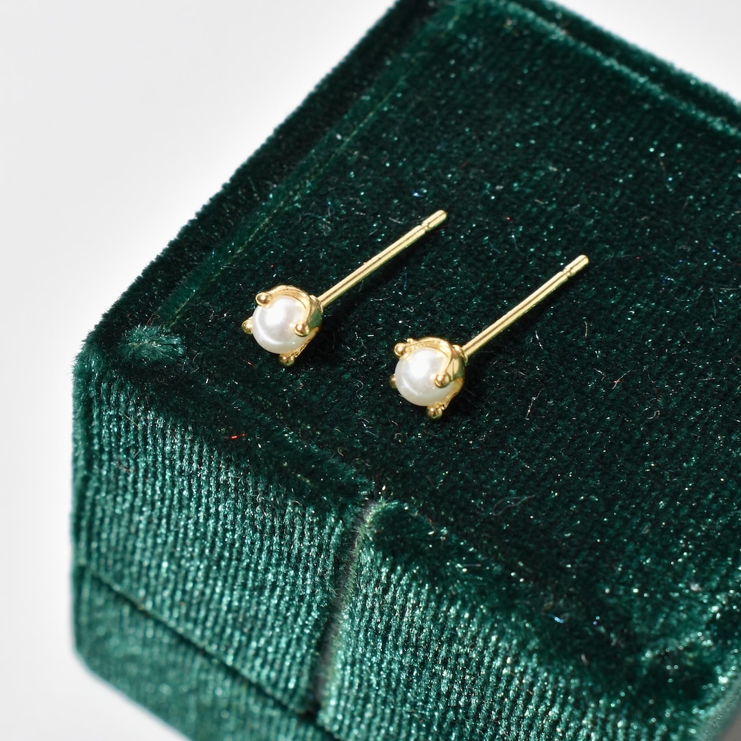Mini Pearl Stud Earrings With Gold Four-prong Setting - Etsy