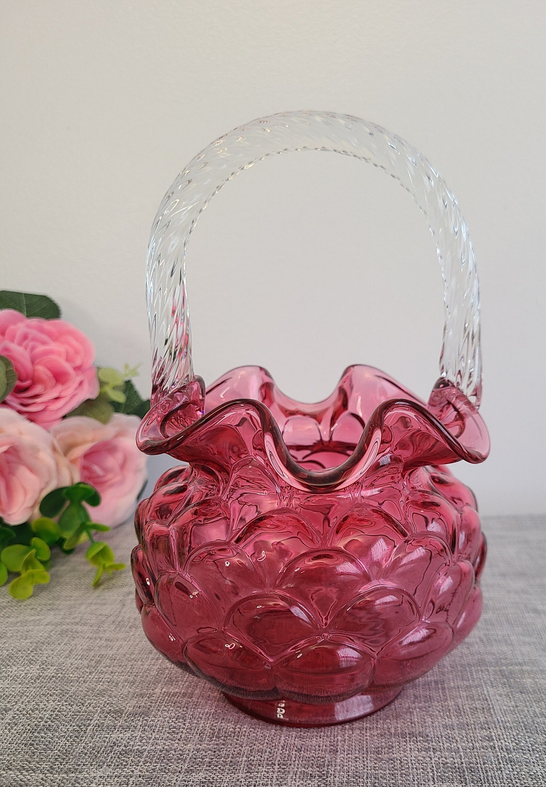 Vintage 1989 FENTON Art Glass Country Cranberry Jacqueline BASKET 9434 ...
