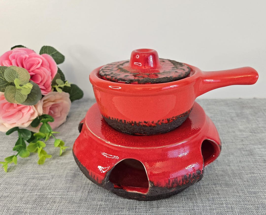 Vintage 1960s Laurentian Pottery Red Fat Lava Pot With Lid and Warmer ...