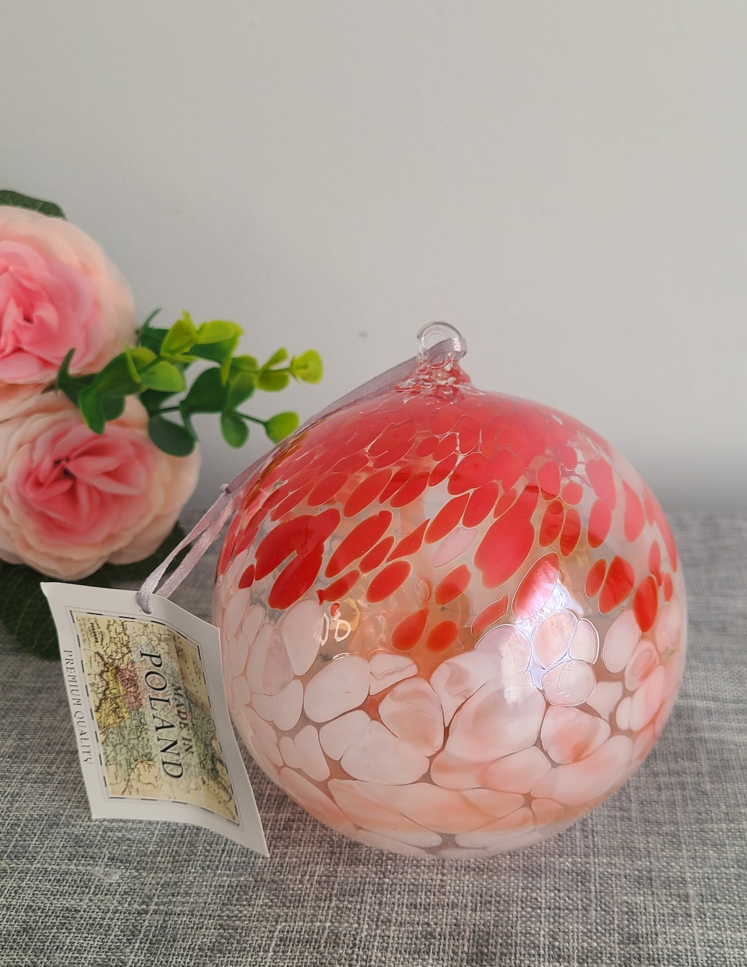 5" Hand Blown Kitras Glass Ball Red, White & Clear Splatter, Made in ...