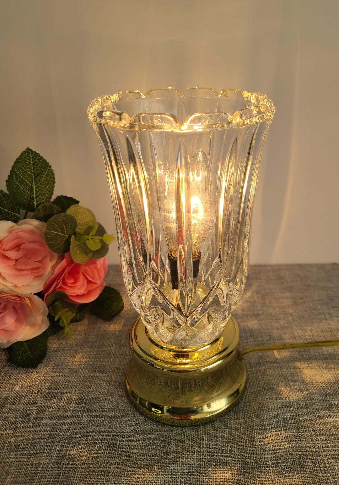 Vintage Crystal Glass Table Lamp, Golden Metal Base, Hollywood Regency ...