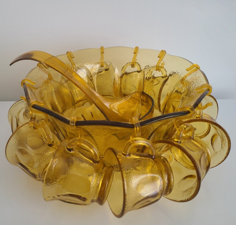 Vintage Hazel Atlas Amber Glass Punch Bowl Set Pebblestone, 12 Cups ...
