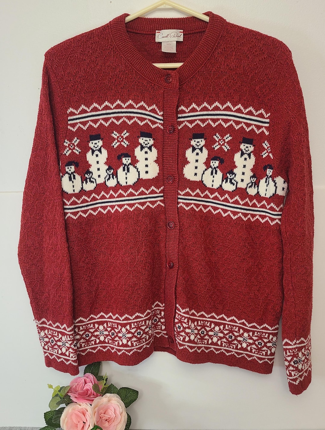 Vintage Carroll Reed Christmas Buttoned Sweater Red, Snowmen Family - Etsy