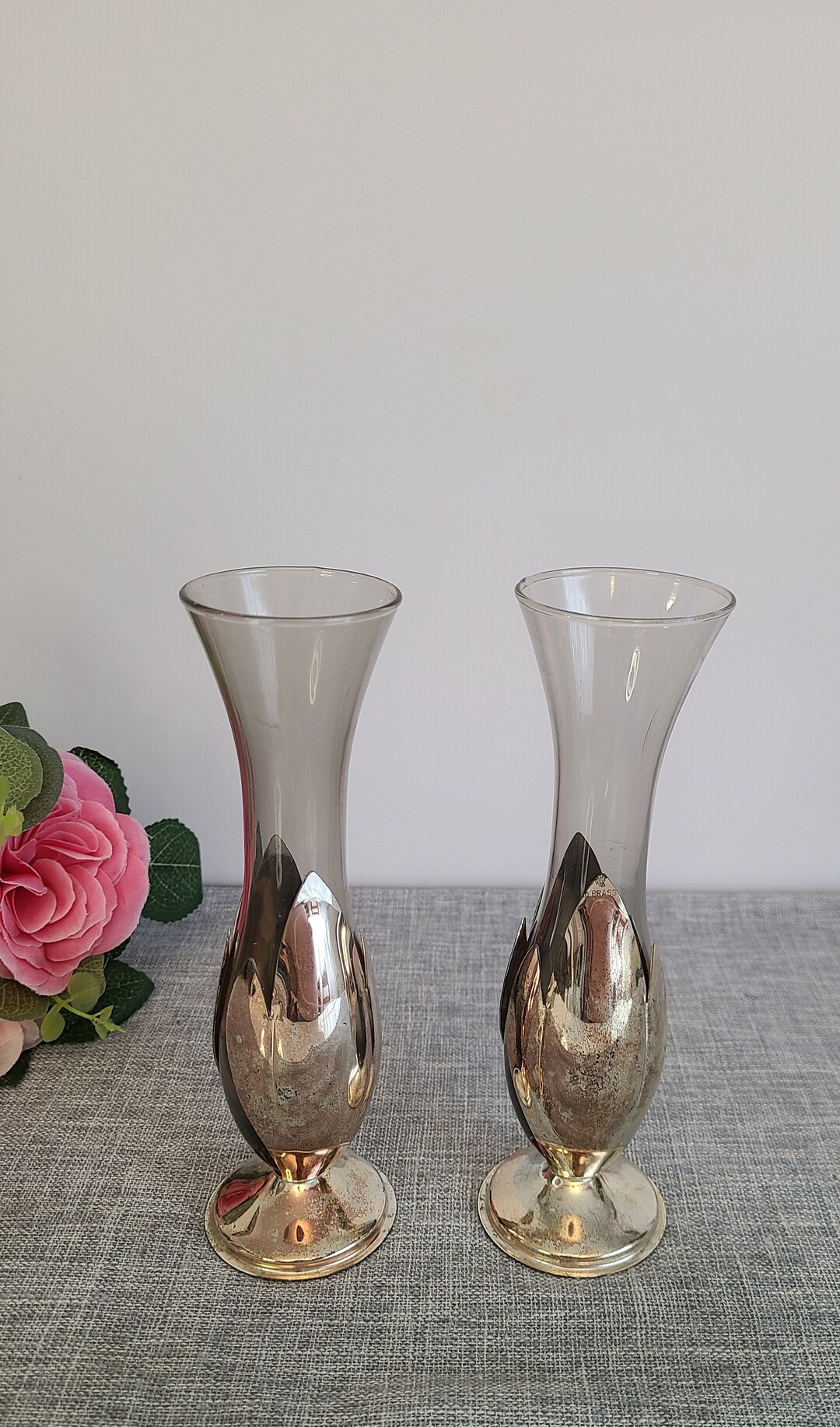 Vintage Pair Quist West Germany Smoky Glass and Brass Tulip Bud Vase ...