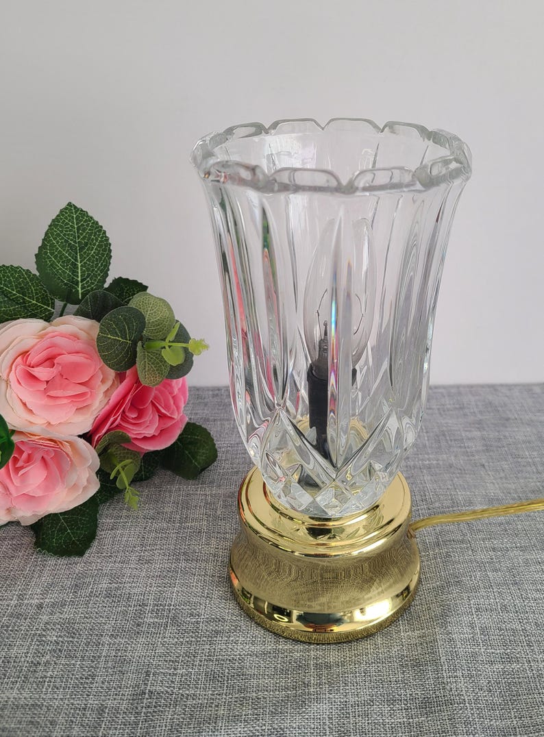 Vintage Crystal Glass Table Lamp, Golden Metal Base, Hollywood Regency ...