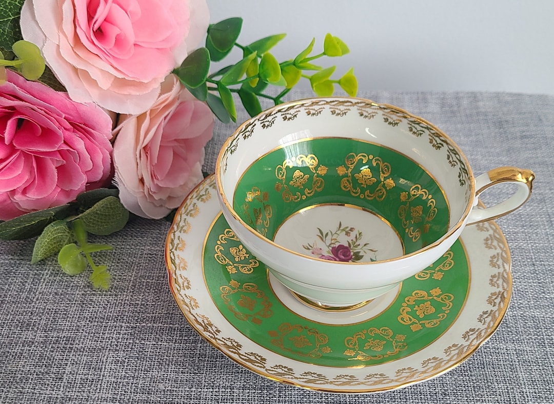 Vintage HM Sutherland Green and Gold Floral Tea Cup and Saucer England ...