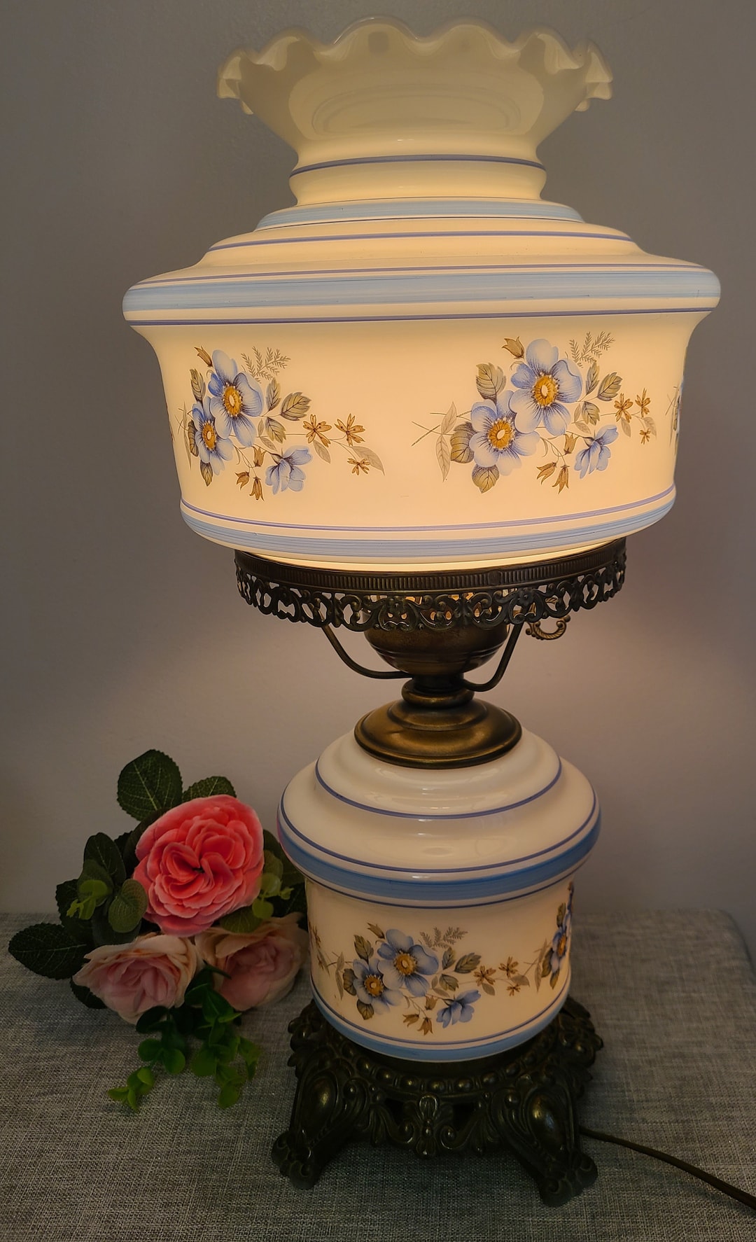 Vintage 3-way Hurricane Lamp by Accurate Casting, White With Blue ...