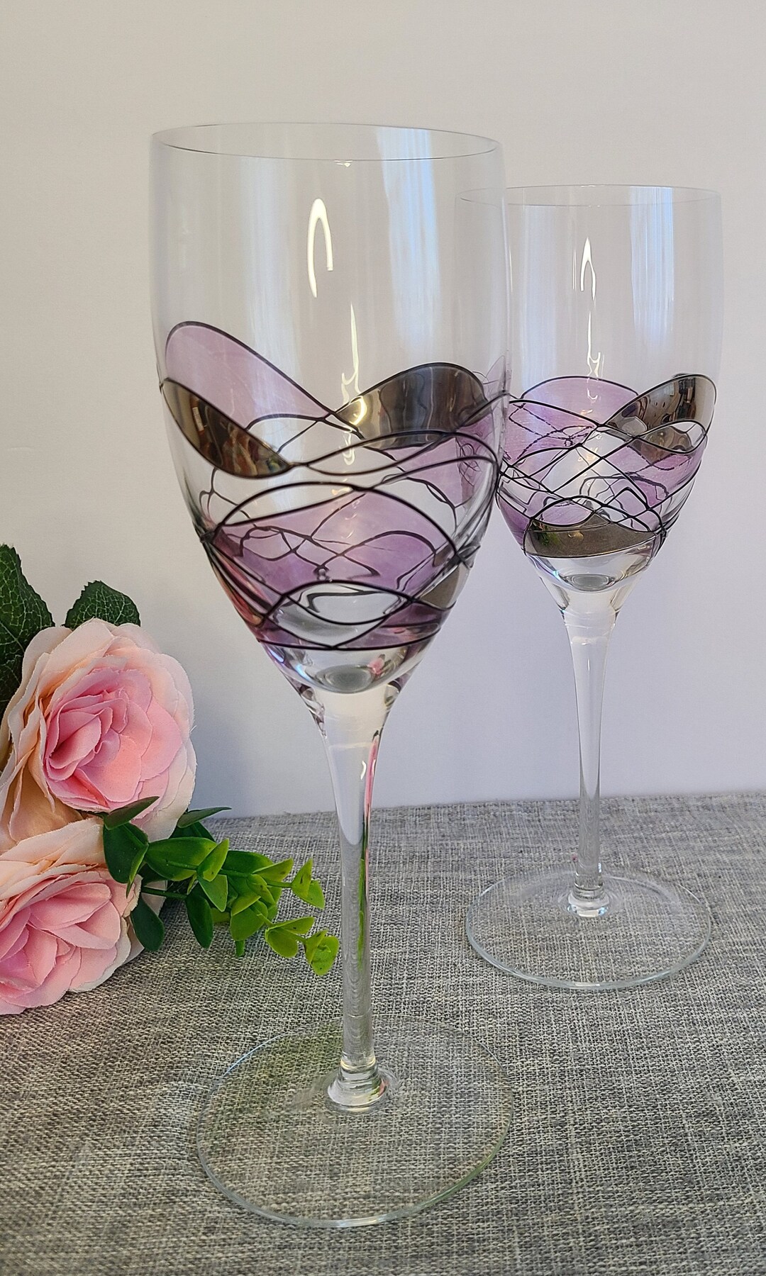 Vintage Set of 2 Mosaic Crystal Made Wine Glasses, Handmade, 10 ...