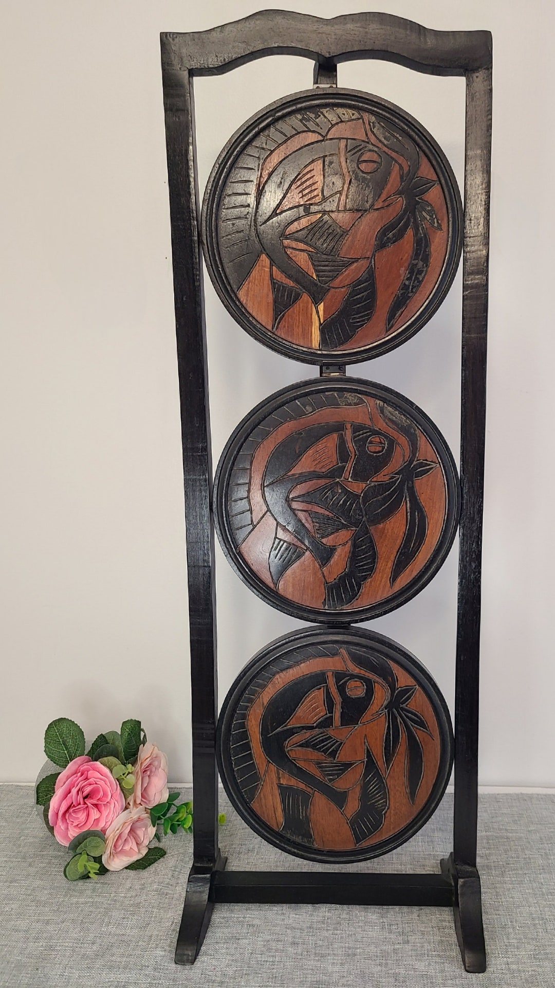 Vintage 3-tier Solid Wood Round Carved Folding Table Stand Plant Shelf ...